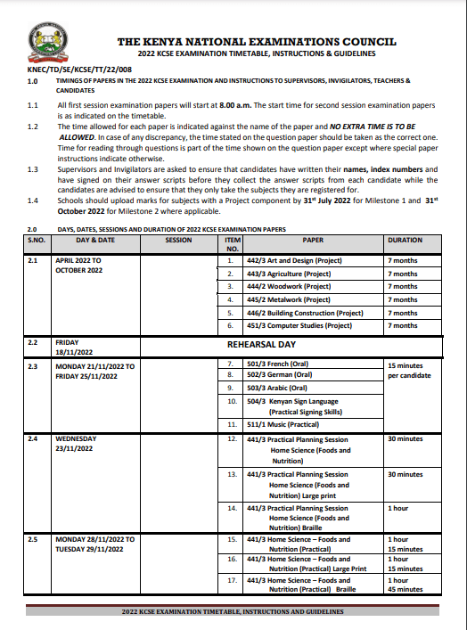 KNEC Releases Comprehensive And Updated 2022 KCSE Examination Timetable KNEC Releases Comprehensive And Updated 2022 KCSE Examination Timetable