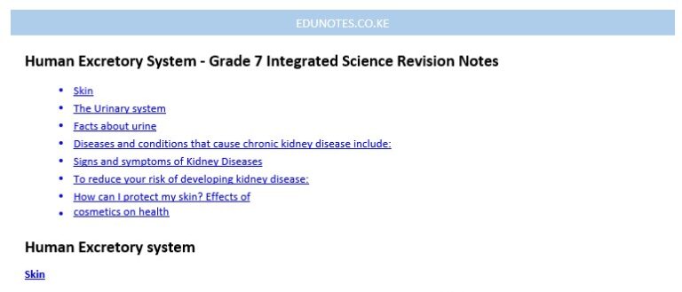 Human Excretory System - Grade 7 Integrated Science Revision Notes ...